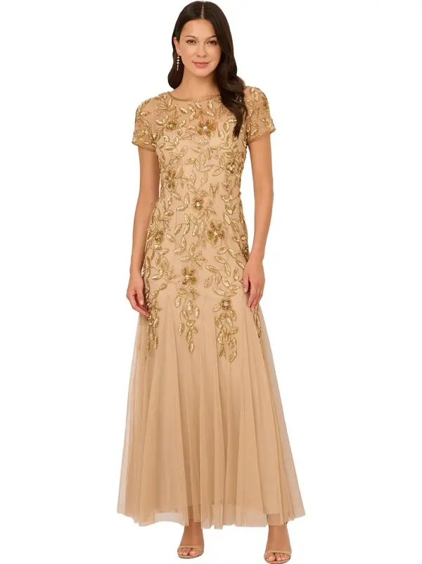 Adrianna Papell Hand Beaded Floral Godet Gown - Champagne Gold