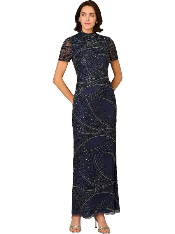 Aidan Mattox Short Sleeve Beaded Column Gown - Navy