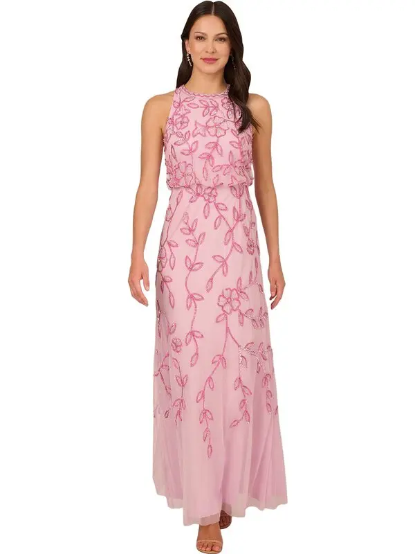Adrianna Papell Sleeveless Blouson Mermaid Gown With Jasmine Beading - Pink Lace