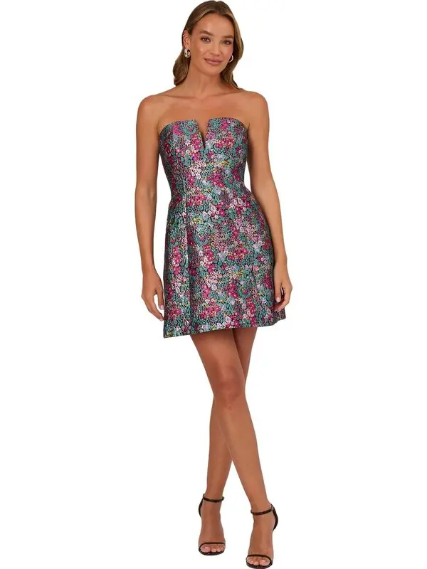 Adrianna Papell Strapless Metallic Floral Jacquard Mini Dress - Pink/blue Multi