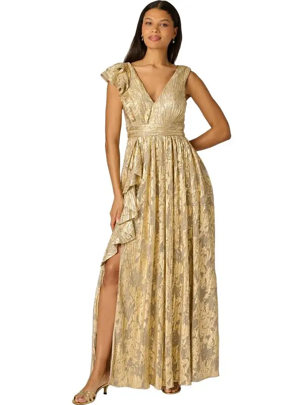 Adrianna Papell Sleeveless Metallic Crinkle Ruffle Gown - Champagne/gold