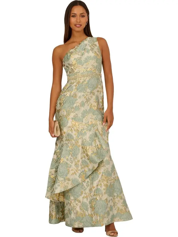 Adrianna Papell One-shoulder Beaded Metallic Floral Gown - Sage Multi