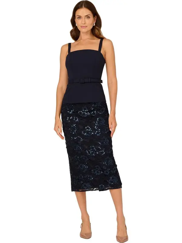 Adrianna Papell Sleeveless Sequin Lace Combo Midi Dress - Midnight
