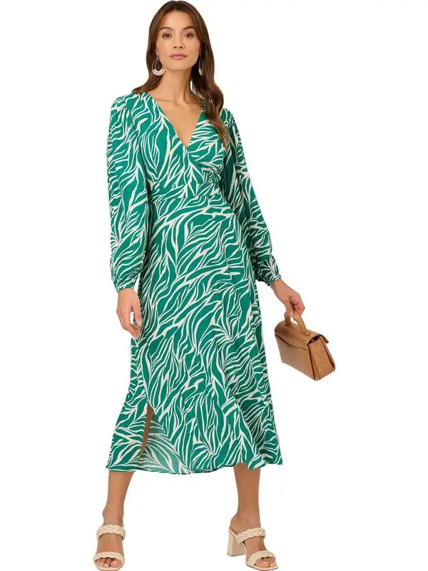 Adrianna Papell Printed Faux Wrap Bishop Sleeve Midi Dress - Green/ivory