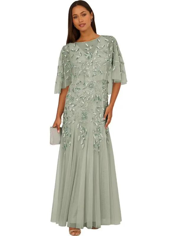 Adrianna Papell Floral Beaded Godet Cape Gown - Aqua Dust