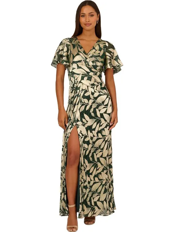 Adrianna Papell Foil Leaf Short Sleeve Gown With Draped Details - Green Pine/gold