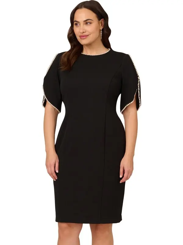 Adrianna Papell Crepe Midi Sheath Dress With Pearly Trim - Black