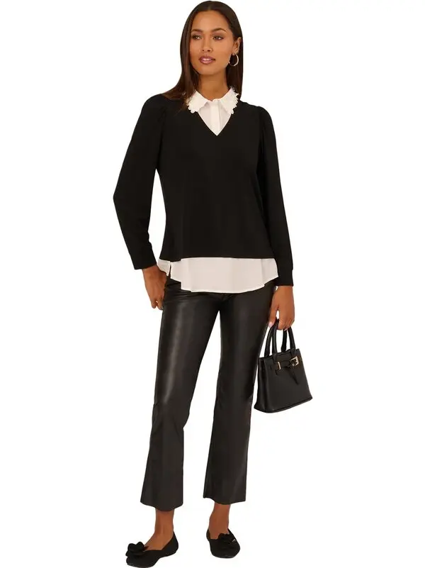 Adrianna Papell Long Sleeve Petal Collar Twofer Sweater - Black/ivory