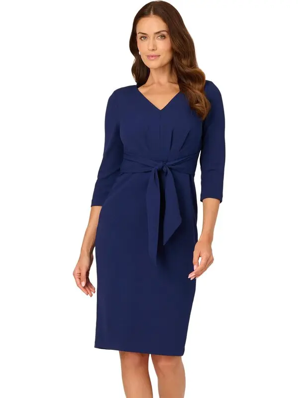 Adrianna Papell Pleated Knit Crepe Midi Dress With Tie Waist And Three-quarter Sleeves - Navy Sateen