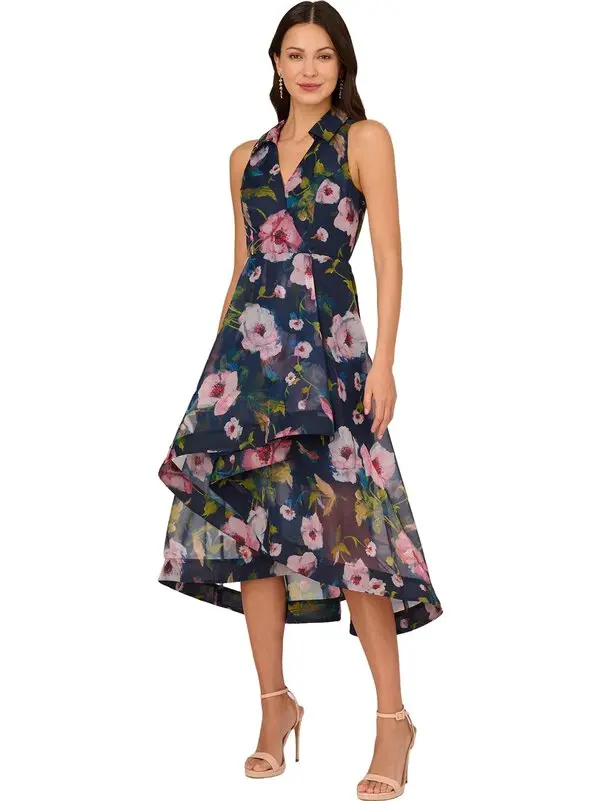 Adrianna Papell Floral Printed High Low Organza Halter Dress - Navy/multi