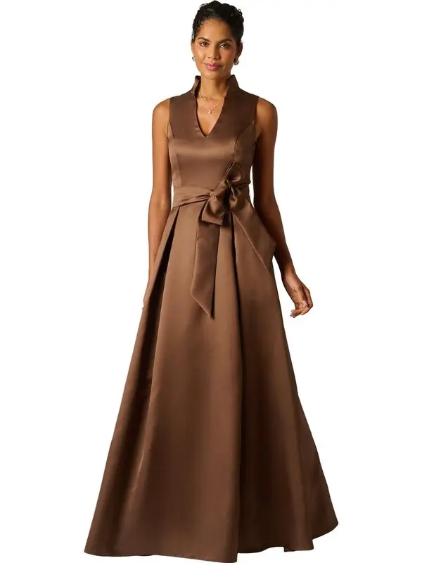 Adrianna Papell Sleeveless Queen Anne Tie Front Ballgown - Espresso