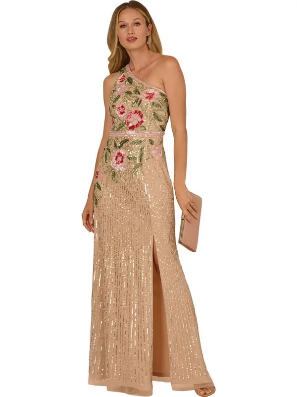 Adrianna Papell One-shoulder Floral Sequin Beaded Gown - Nude Multi