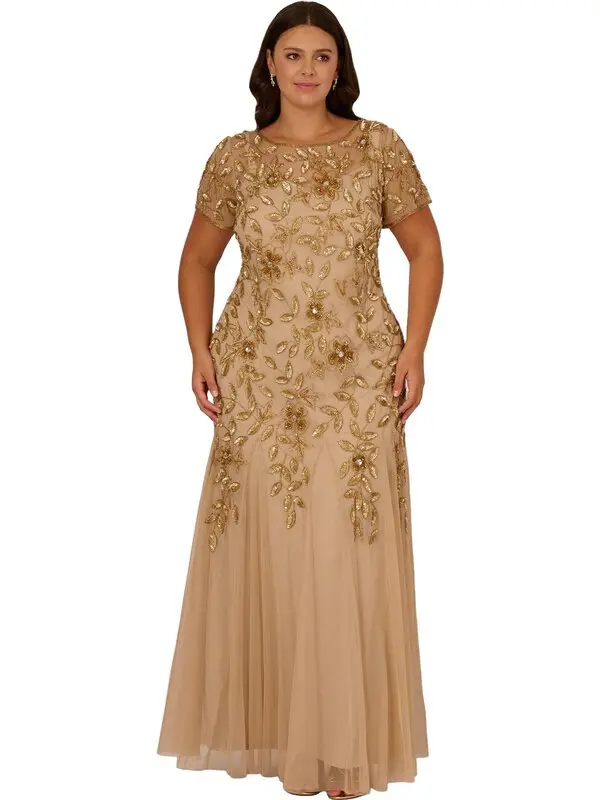 Adrianna Papell Hand Beaded Floral Godet Gown - Champagne Gold