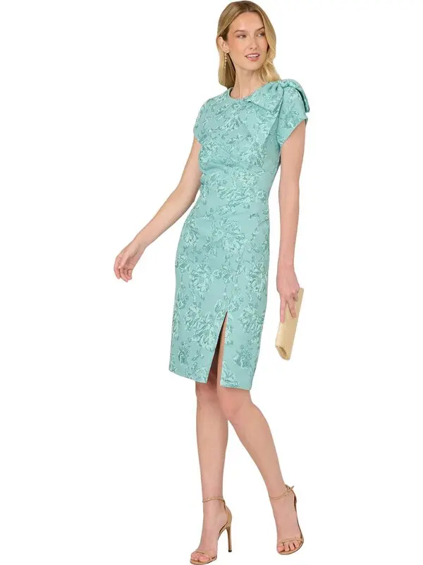 Adrianna Papell Floral Jacquard Bow Midi Dress - Teal