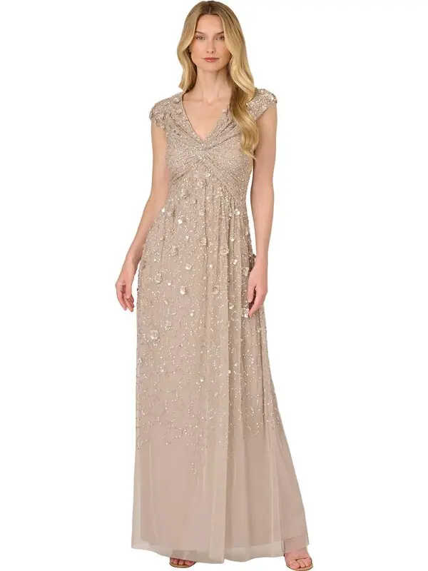 Adrianna Papell Cap Sleeve Beaded Sequin Floral Gown - Marble
