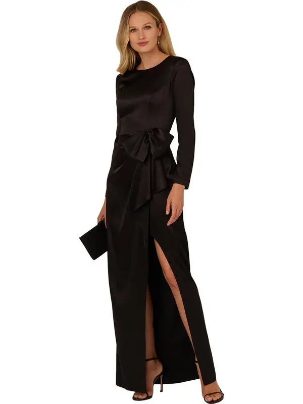 Adrianna Papell Long Sleeve Satin Bow Gown - Black