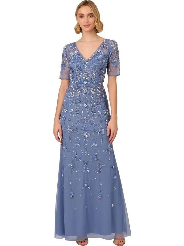 Adrianna Papell 3d Floral Beaded Mermaid Gown With Sheer Short Sleeves - French Blue