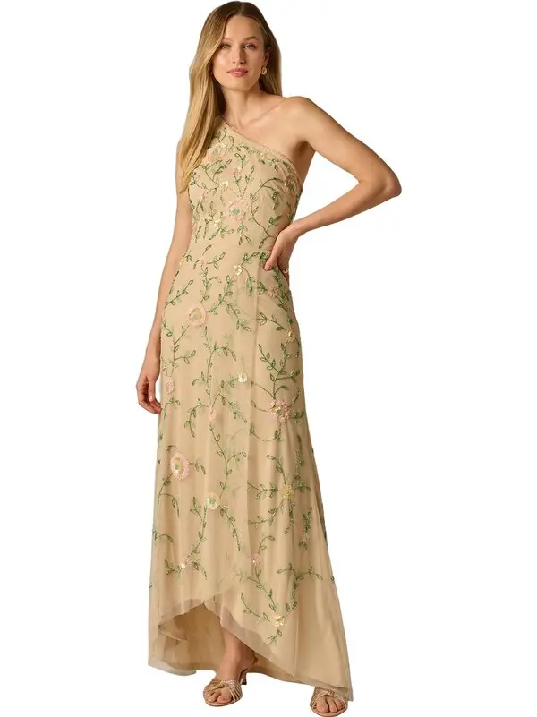 Adrianna Papell One Shoulder Floral Vine Beaded High Low Gown - Light Champagne