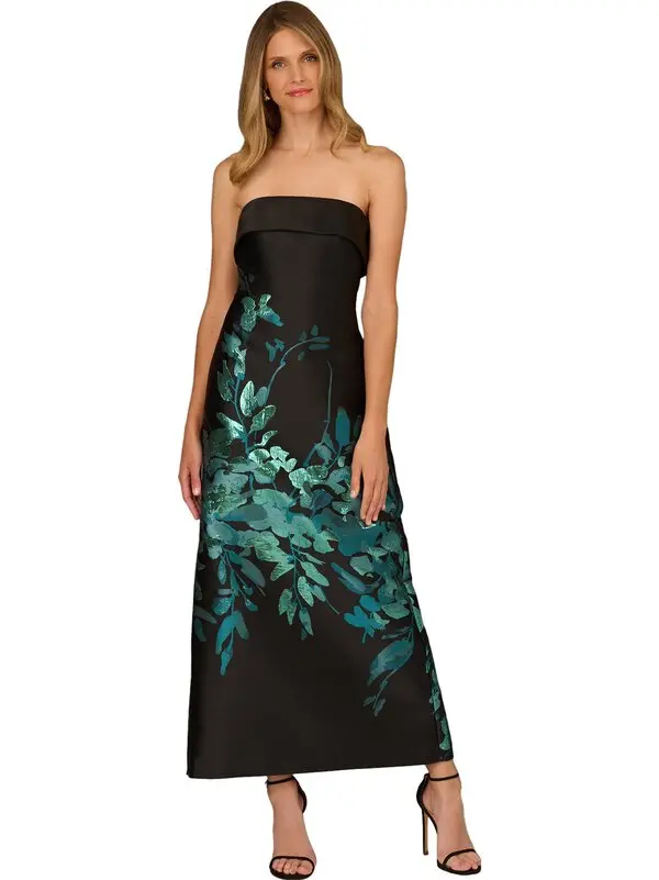 Aidan Mattox Sleeveless Metallic Floral Jacquard Gown - Black/teal