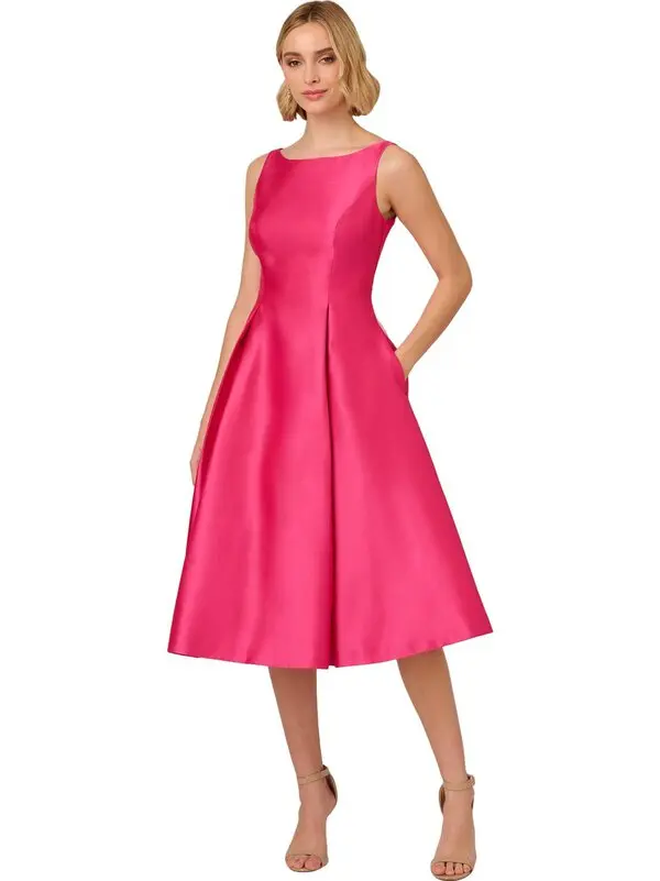 Adrianna Papell Sleeveless Mikado Fit And Flare Midi Dress With V-back - Electric Pink