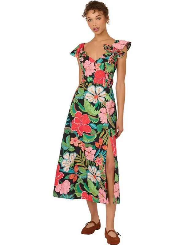 Adrianna Papell Floral A-line Midi Dress - Black Multi
