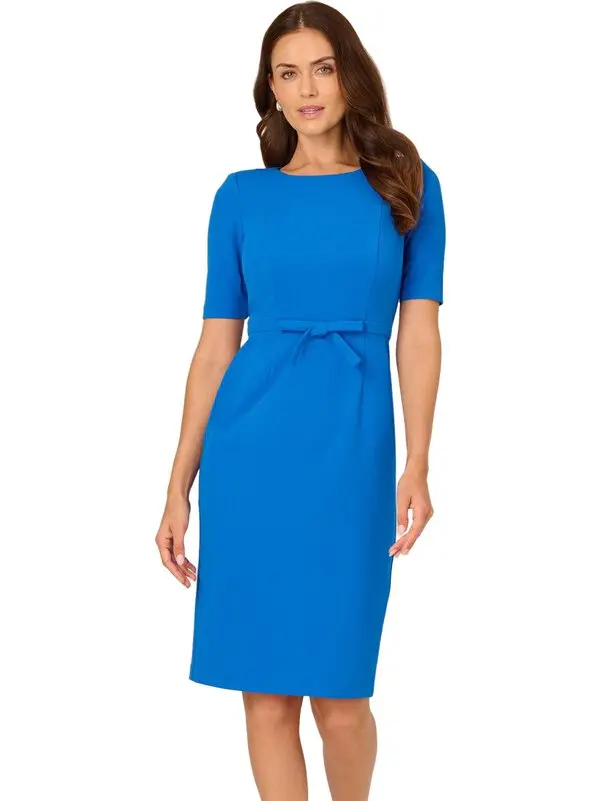Adrianna Papell Short Sleeve Bow Waist Sheath Dress - Cool Cobalt