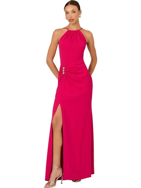 Adrianna Papell Gathered Stretch Crepe Halter Gown - Bright Rose
