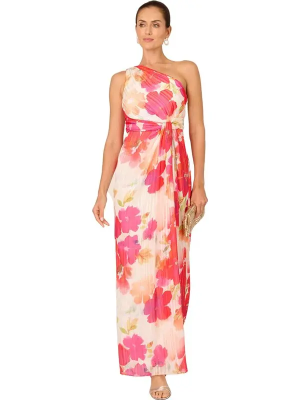 Adrianna Papell One-shoulder Floral Gown - Ivory/pink Multi