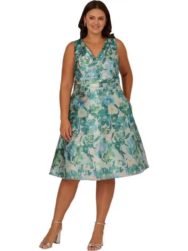 Adrianna Papell Metallic Floral Jacquard Midi A-line Dress - Blue Multi