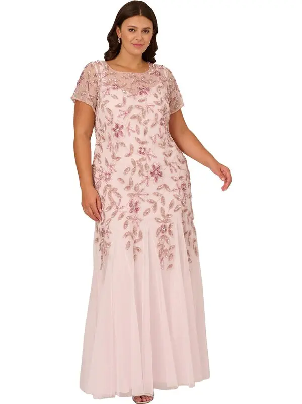 Adrianna Papell Hand Beaded Floral Godet Gown - Blush Pink