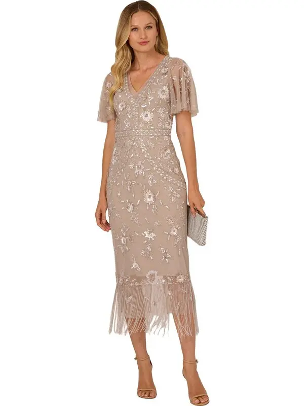 Adrianna Papell Flutter Sleeve Floral Beaded Fringe Midi Dress - Marble