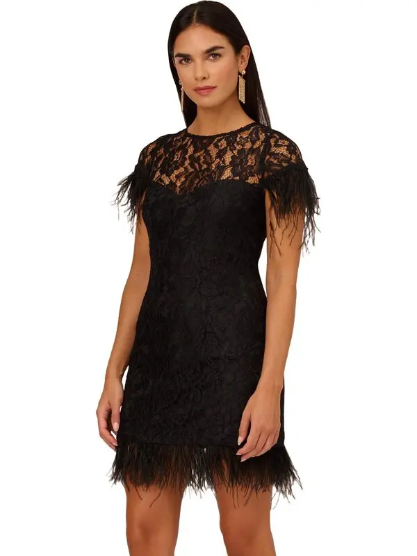 Adrianna Papell Floral Lace And Feather Trimmed Sheath Cocktail Dress - Black