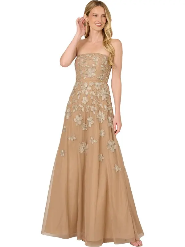 Adrianna Papell Strapless Floral Beaded Embroidery Gown - Taupe/pink