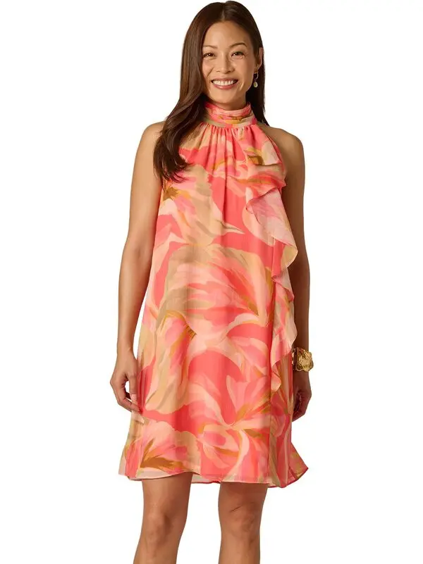 Adrianna Papell Draped Petal Floral Short Trapeze Dress - Coral Multi