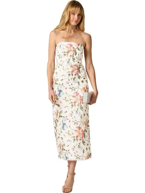 Adrianna Papell Strapless Floral Beaded Embroidery Midi Dress - Ivory Multi