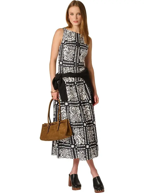 Adrianna Papell Drop Waist Cotton Tile Print Midi Sundress - Black/ivory