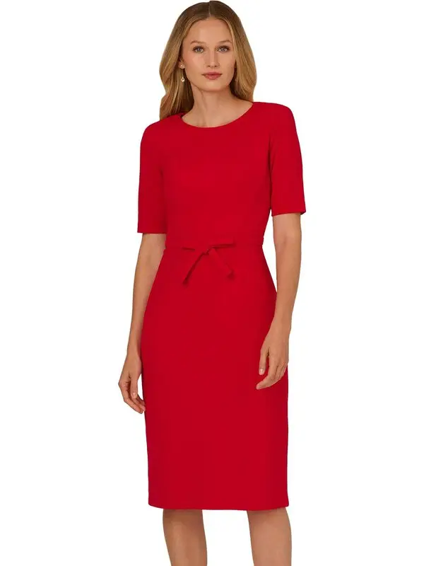 Adrianna Papell Short Sleeve Bow Waist Sheath Dress - Red