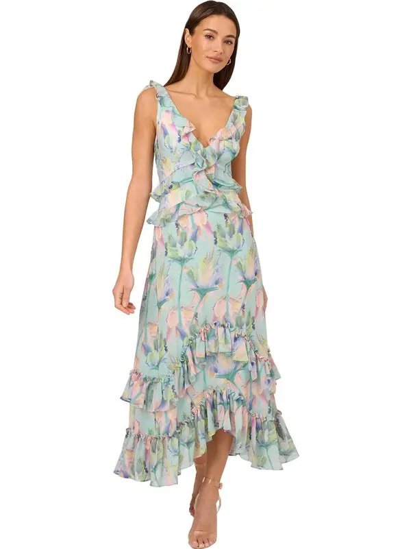 Adrianna Papell Sleeveless High-low Maxi Dress With Ruffle Trim - Mint Multi