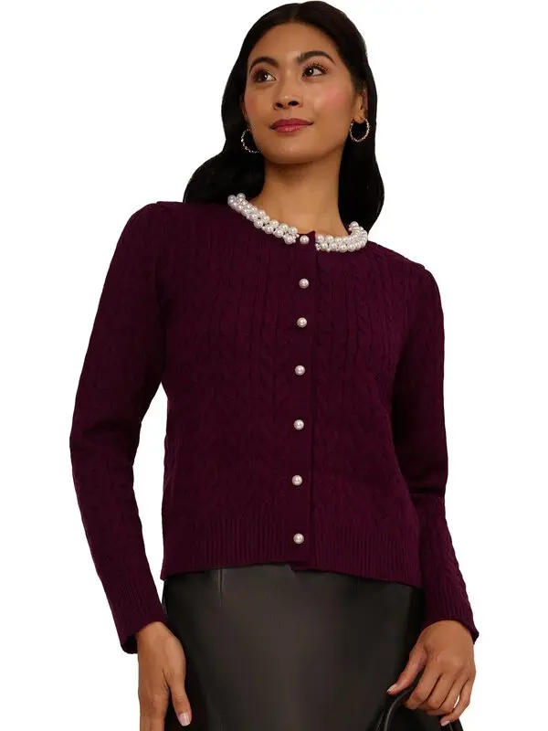 Adrianna Papell Cable Knit Cardigan With Pearly Trim - Raisin