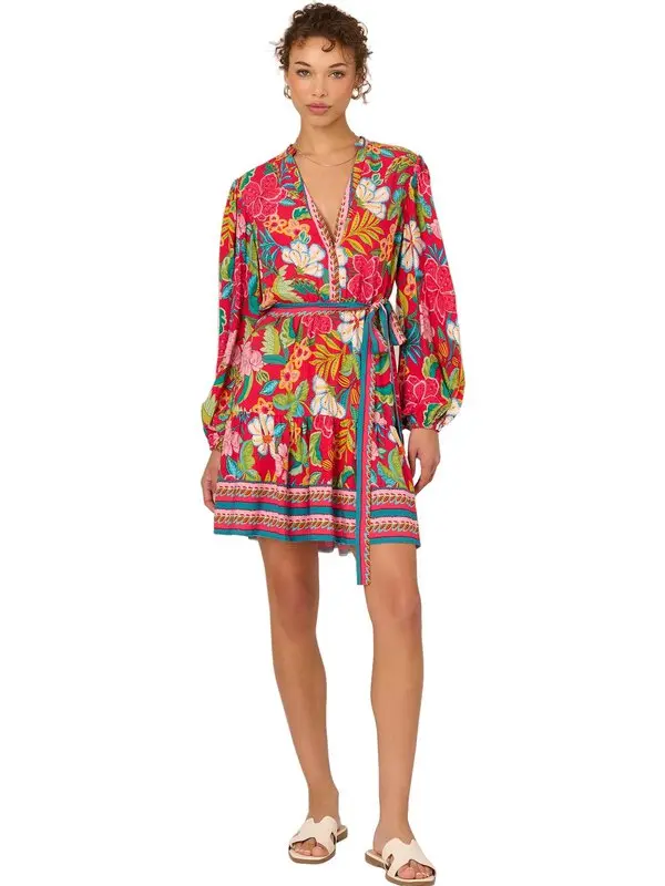 Adrianna Papell Bishop Sleeve Tropical Floral Short Dress - Red Multi