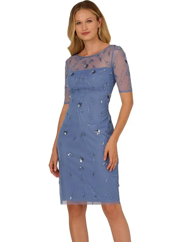 Adrianna Papell Short Sleeve Illusion Floral Beaded Sheath Dress - French Blue