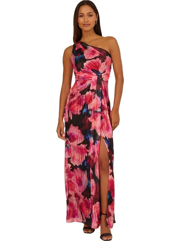 Adrianna Papell Floral Print Chiffon One-shoulder Gown - Black/berry