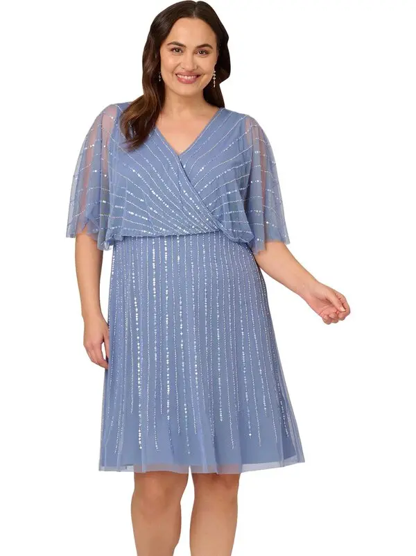 Adrianna Papell Hand Beaded Illusion Faux Wrap Cocktail Dress - French Blue