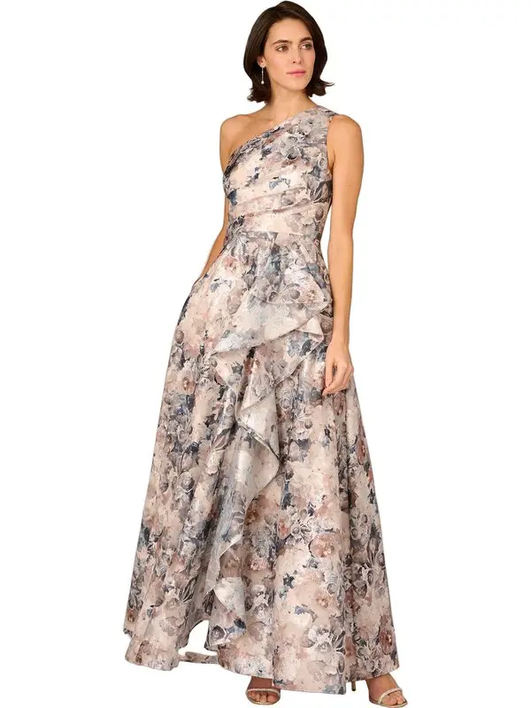 Aidan Mattox One Shoulder Floral Jacquard Gown With Ruffle Detail - Blue Multi
