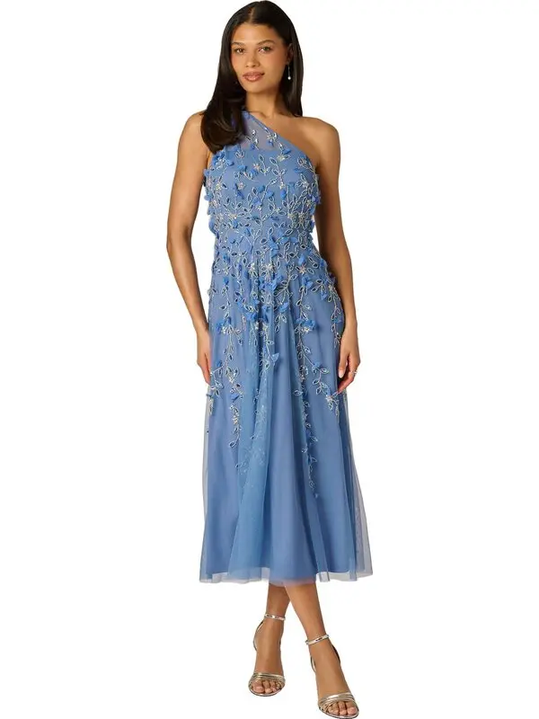 Adrianna Papell One Shoulder 3d Floral Beaded Ankle Dress - French Blue