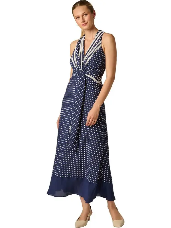 Adrianna Papell Dot Print Chiffon Halter Maxi Dress With Sash Waist - Navy/ivory