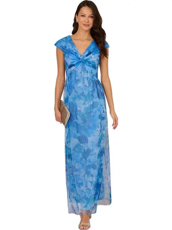 Adrianna Papell Cap Sleeve Twist Front Floral Tulle Gown - Blue Multi