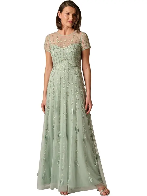 Adrianna Papell Short Sleeve 3d Beaded Vine Gown - Icy Sage