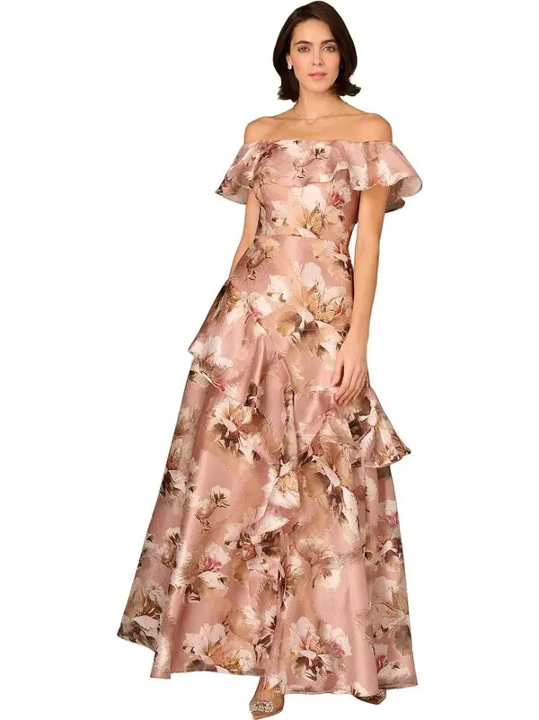 Aidan Mattox Off-the-shoulder Floral Jacquard Gown - Blush Multi