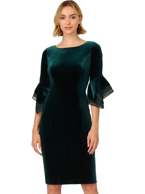 Adrianna Papell Velvet Sheath Dress With Tiered 3/4 Bell Sleeves - Hunter